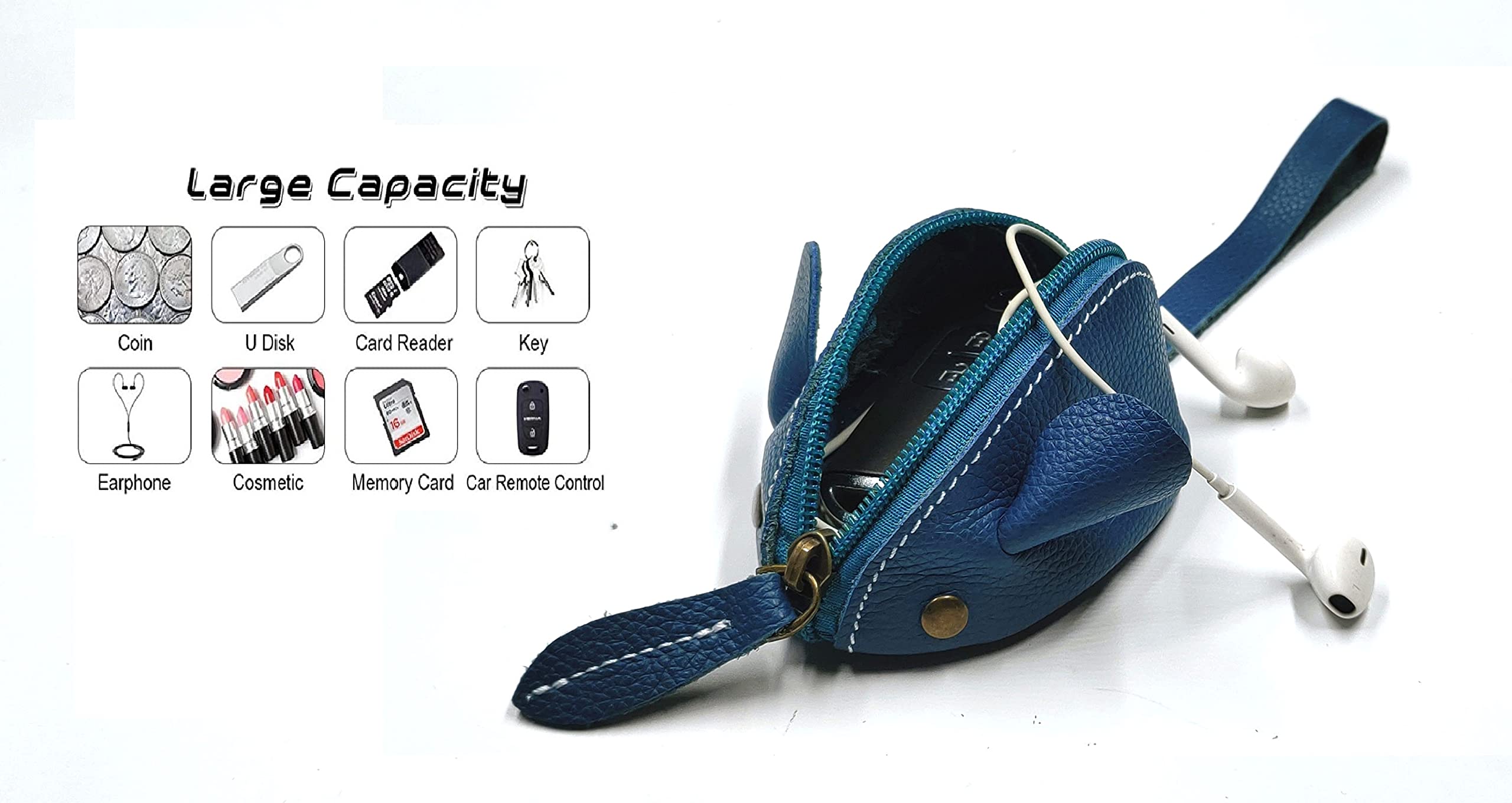 Genuine Leather Mouse Coin Purse Wallet, Womens Change Purse with Zipper, Cute Soft Leather Coin Pouch Mini Size (Blue)