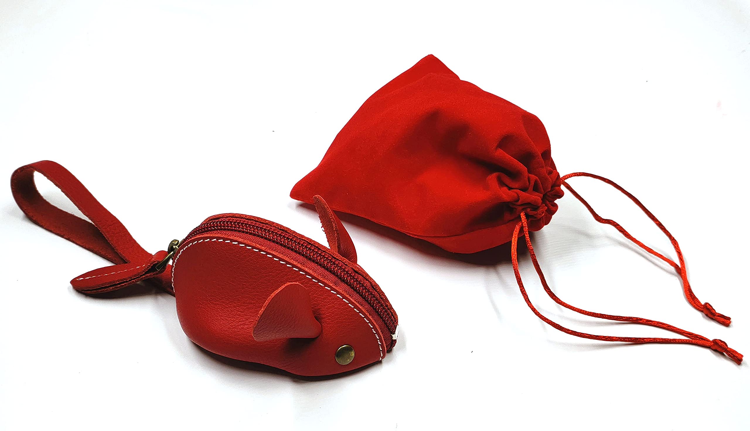 Genuine Leather Mouse Coin Purse Wallet, Womens Change Purse with Zipper, Cute Soft Leather Coin Pouch Mini Size - (Red)