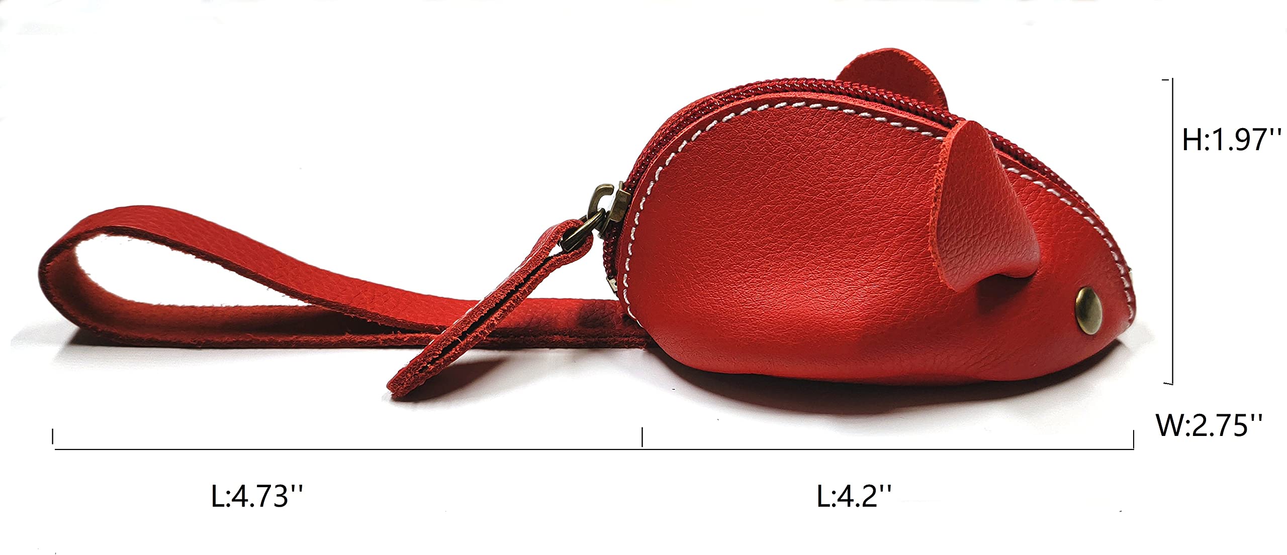 Genuine Leather Mouse Coin Purse Wallet, Womens Change Purse with Zipper, Cute Soft Leather Coin Pouch Mini Size - (Red)