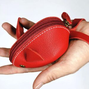 Genuine Leather Mouse Coin Purse Wallet, Womens Change Purse with Zipper, Cute Soft Leather Coin Pouch Mini Size - (Red)