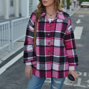 Women Flannel Shirts Plus Size, Women Plaid Long Shirt Button Down Collar Long Sleeve Oversized Shacket Jacket Hot Pink