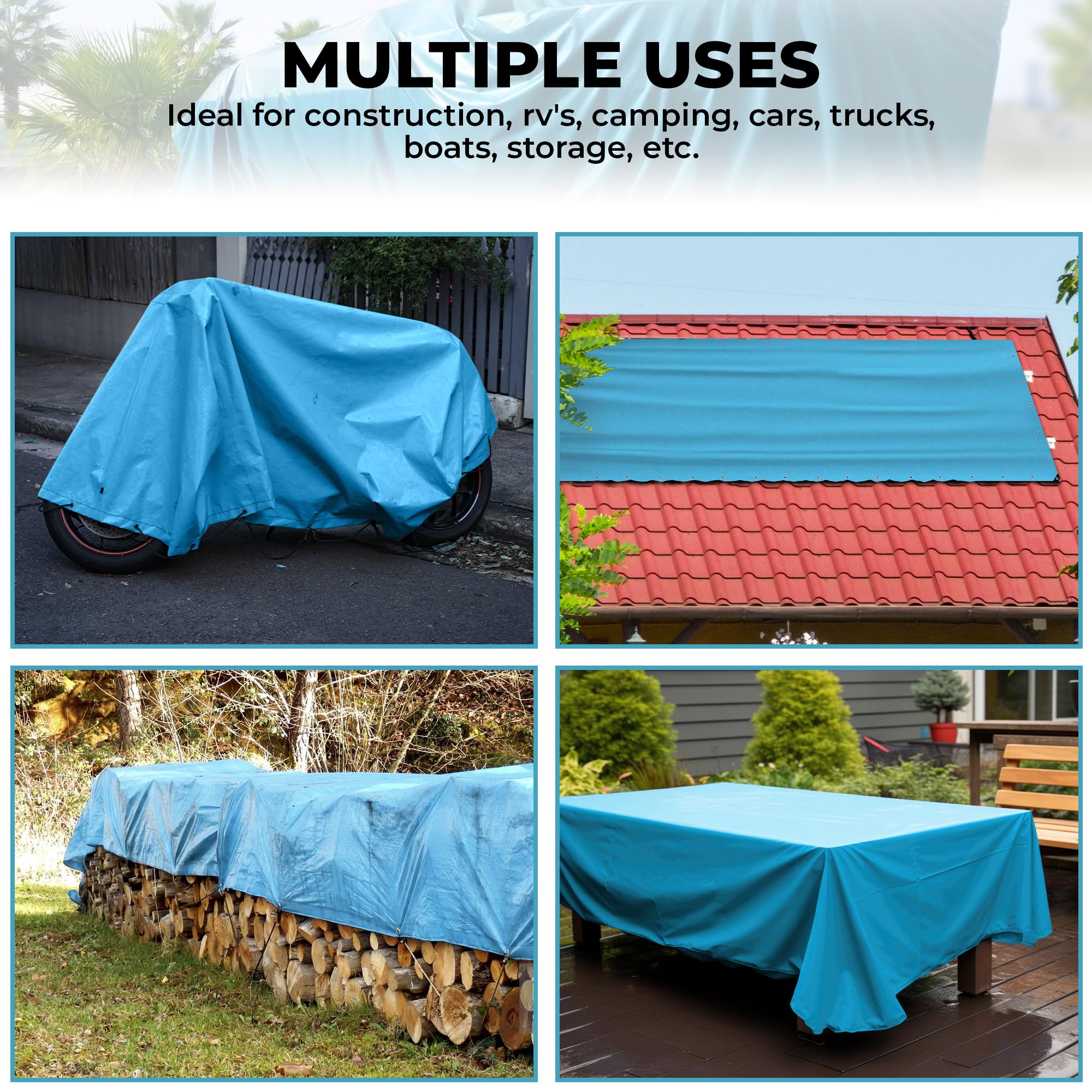 10x12 Heavy Duty Tarp Waterproof - 12 mil Thick Pool Tarp Cover - 10x12 Tarp UV Resistant, Rip & Tear Proof with Metal Grommets – Blue Tarp Multipurpose Use for Camping, Tent, Boat, RV, Car