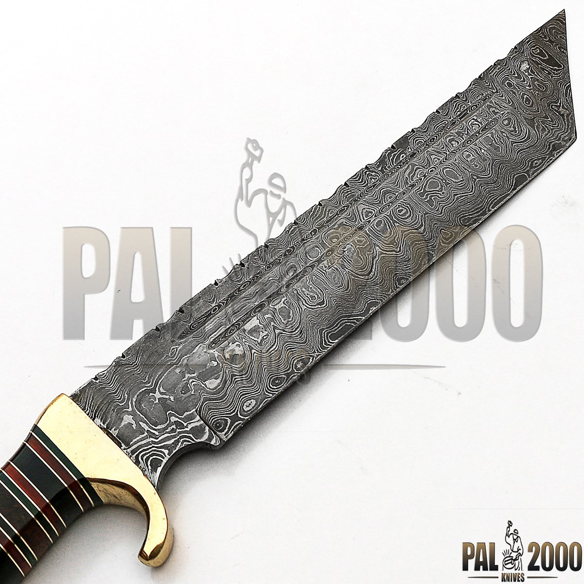 HTK-9228 Custom Handmade Damascus Steel Hunting Tanto Knife 15 Inches Buffalo Horn Handle Ladder pattern Blade with sheath