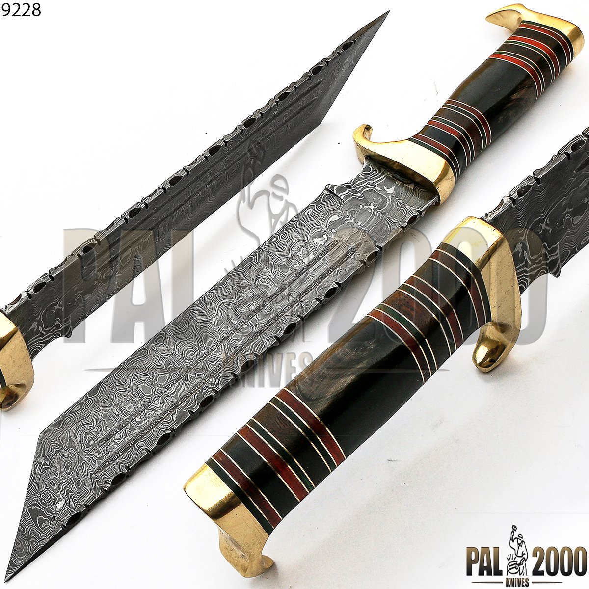 HTK-9228 Custom Handmade Damascus Steel Hunting Tanto Knife 15 Inches Buffalo Horn Handle Ladder pattern Blade with sheath