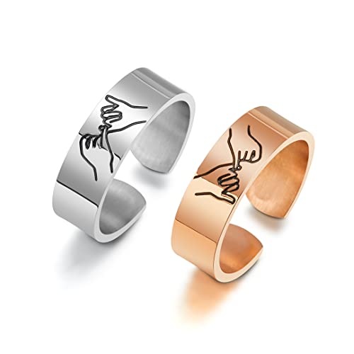 Meibai 2Pcs Pinky Swear Adjustable Ring for 2 Best Friends Bestie Gift Hand Gestures Pinky Promise Stacking Ring Sisters BFF Gift (Silver & Rose Gold)