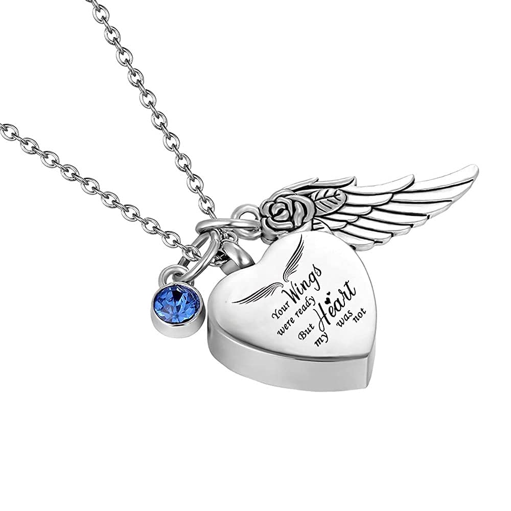 3 pieces Heart Cremation Urn Necklace for Ashes Memorial Keepsake Pendant with Angel Wing Birthstone Stainless Steel Remembrance Jewelry -Your wings were ready But my heart was not