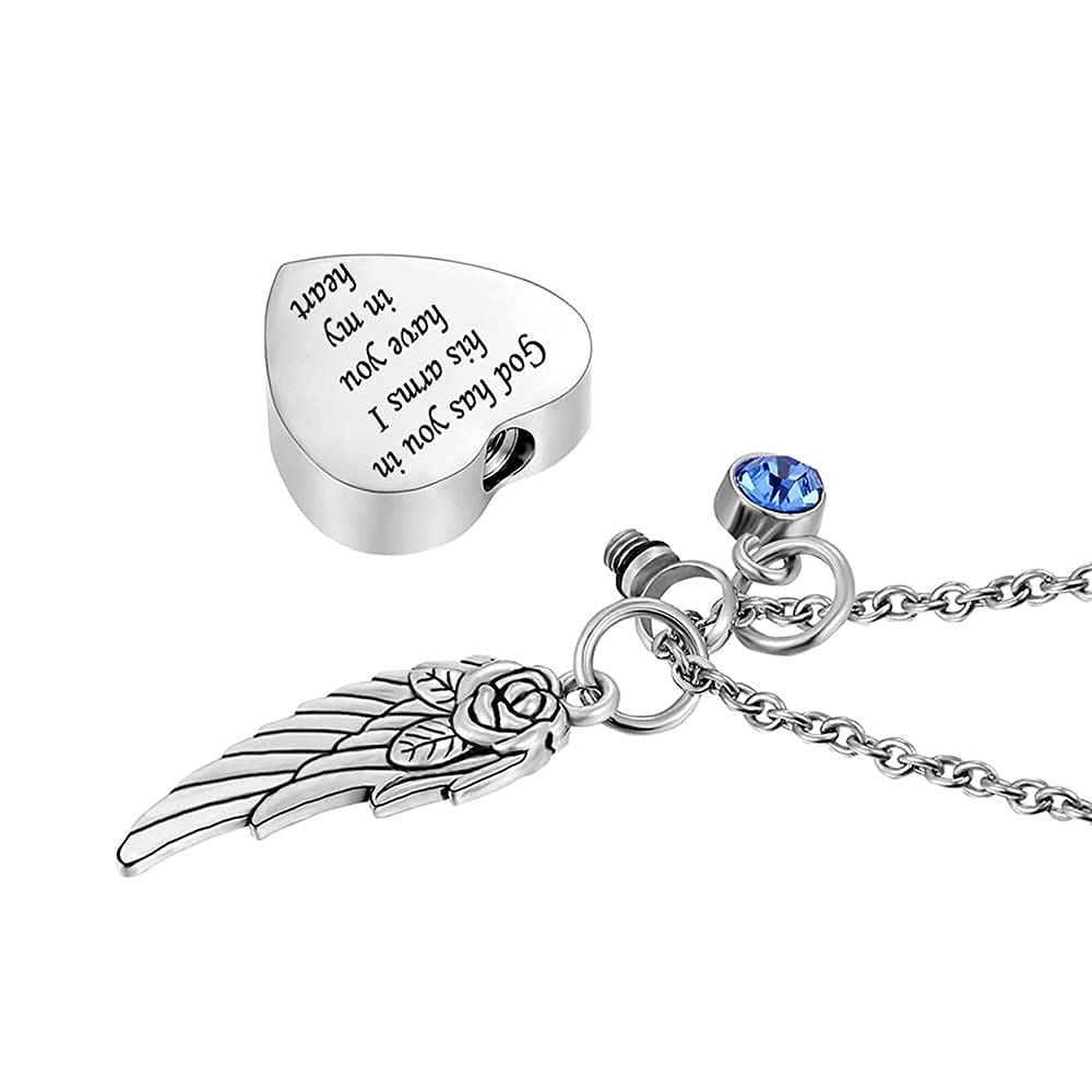 3 pieces Heart Cremation Urn Necklace for Ashes Memorial Keepsake Pendant with Angel Wing Birthstone Stainless Steel Remembrance Jewelry -Your wings were ready But my heart was not