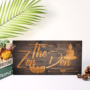 Blulu Zen Decor The Zen Den Lotus Wood Sign 11.8 x 5.9 Inch Zen Room Decor Meditation in Progress Wall Hanging Sign with Hooks Inspirational Wooden Door Plaque for Yoga Studio Bedroom Decoration