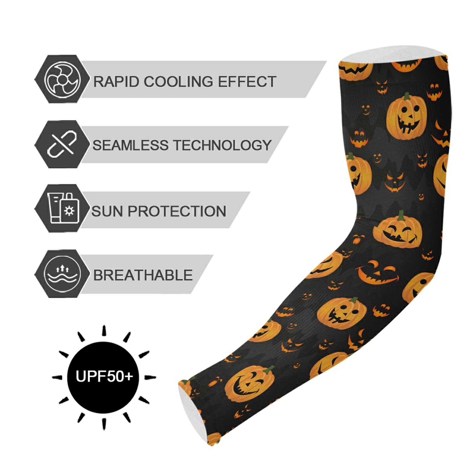 xigua Halloween Pumpkin Cooling Arm Sleeves UV Sun Protection Arms Cover with Thumb Hole for Sport Men Women Driving Cycling Golf Fishing