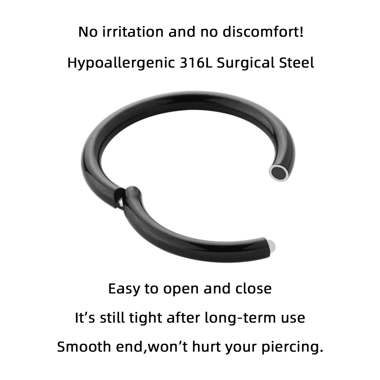 RocJMWJ 316l Surgical Steel Hinged Nose Rings Hoop 20G 18G 16G 14G, Diameter 6mm to 14mm, Stainless Steel, no gemstone,