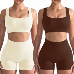 niyokki workout sets for women 2 piece, cute yoga workout set, two piece workout outfits,2 pack (m, coffe +white)