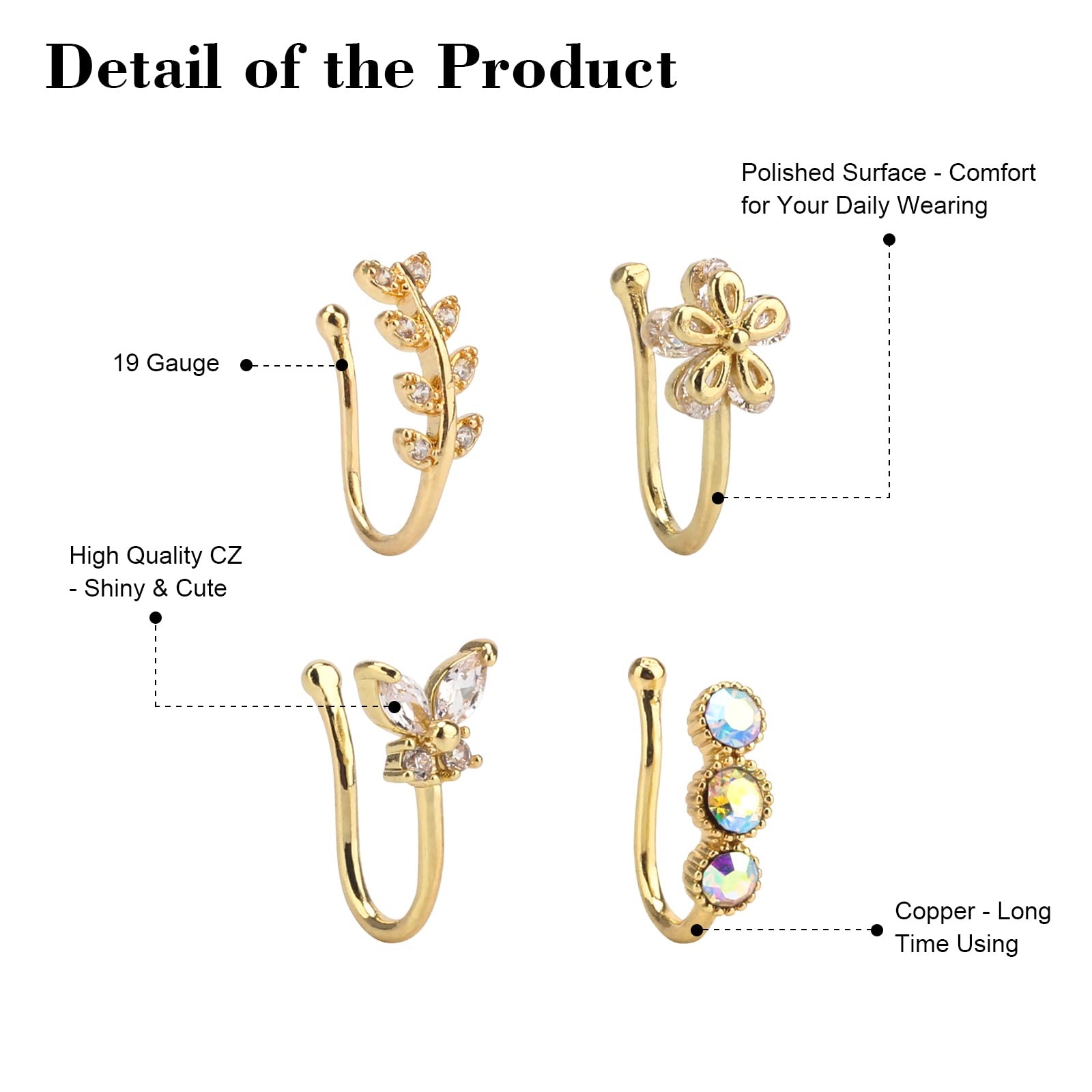 CrazyPiercing Fake Nose Ring CZ African Nose Cuffs Gold Faux Septum Nose Rings Clip on Nose Jewelry for Woman Non Pierced Jewelry (9 Clip Nose Ring)