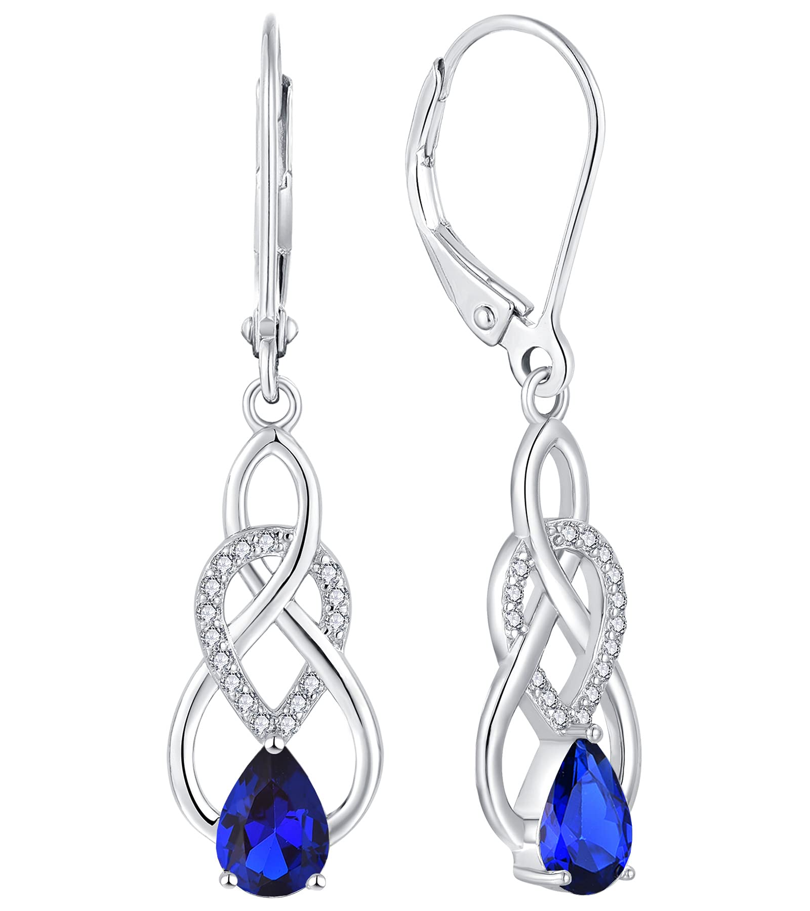 YL Celtic Knot Earrings 925 Sterling Silver Infinity Dangle Drop Earring Created Sapphire Twist Leverback Jewelry for Women