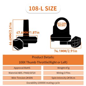 E-Bike Thumb Throttle，108X Left Thumb Throttle Speed Control 3 Pin SM Connector 12V 24V 36V 48V 72V for Electric Scooters and EBike (108X-L SM Plug)