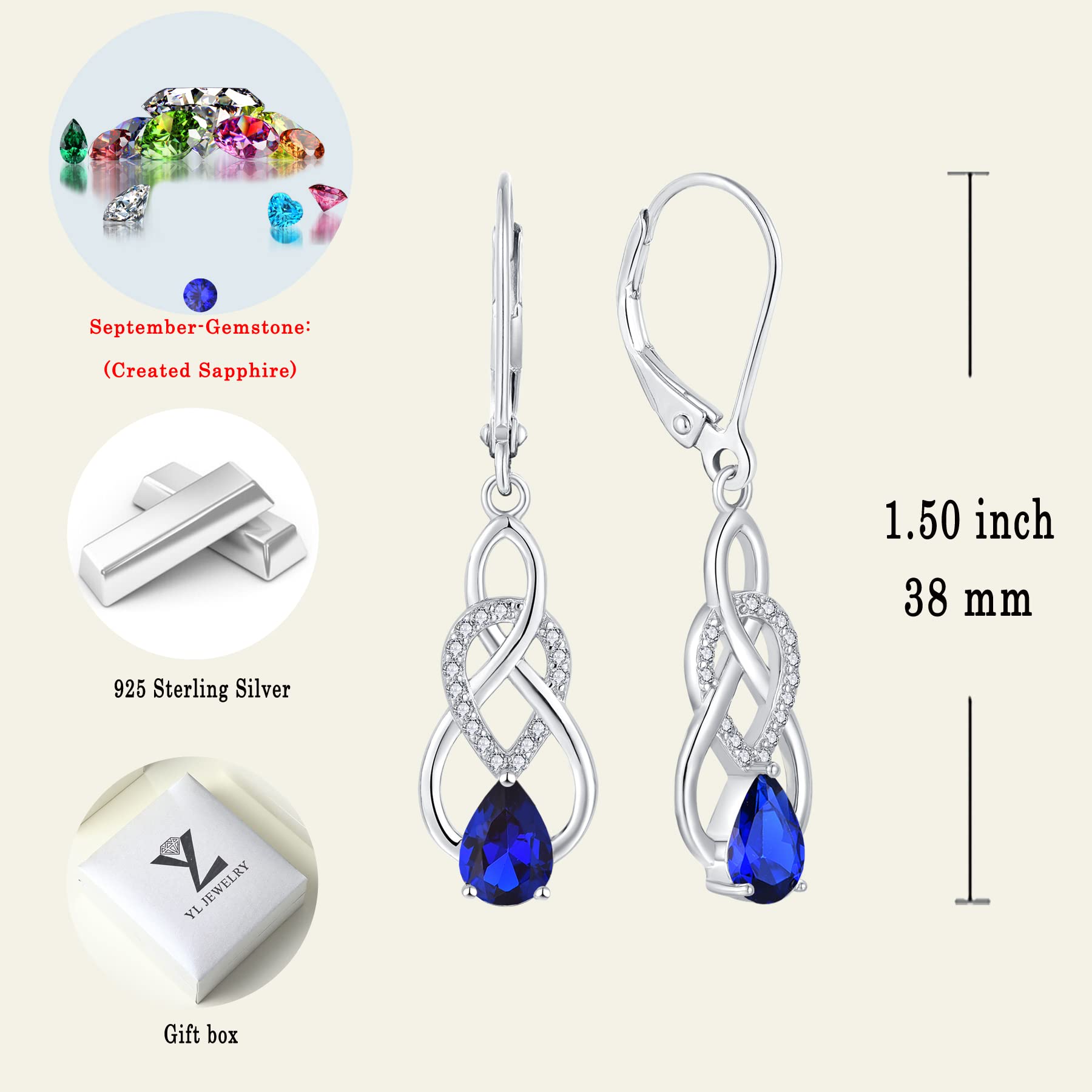 YL Celtic Knot Earrings 925 Sterling Silver Infinity Dangle Drop Earring Created Sapphire Twist Leverback Jewelry for Women