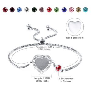 MeMeDIY Personalized Photo Heart Shaped Bracelets with 1-2 Birthstones Engraved Text Adjustable Box Chain Stainless Steel Bracelets for Women Mother Jewelry Gift (Silver color)