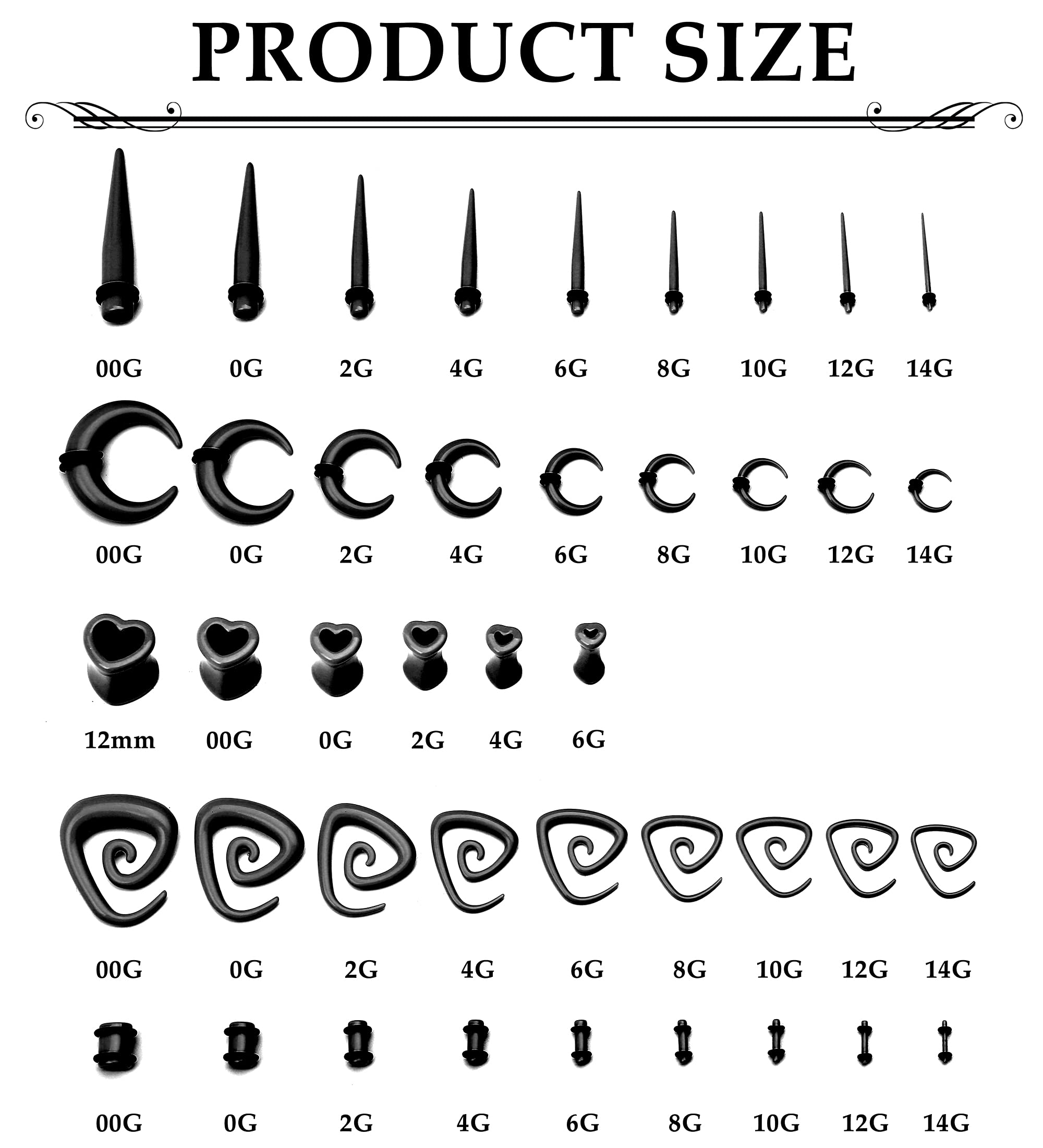 DOLOTTA 84 Pcs Ear Stretching Kit 14G-00G Ear Gauges Expander Set Acrylic Tapers Plugs Silicone Tunnels Body Piercing Jewelry Horseshoes Taper Spiral Tapers Gauges for Ears Black