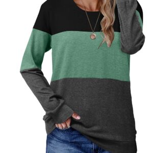 CRAZY GRID Women Casual Tops Loose Color Block Comfy Long Sleeve T Shirt Pullover Sweatshirts Black Green Small