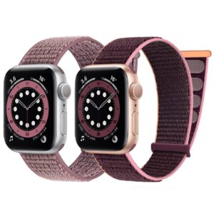 krisvi 2 pack nylon sport loop compatible with apple watch band 44mm 40mm 42mm 38mm, solo loop woven wristband for women men compatible with iwatch series 7/6/5/4/3/2/1 se, purple/plum