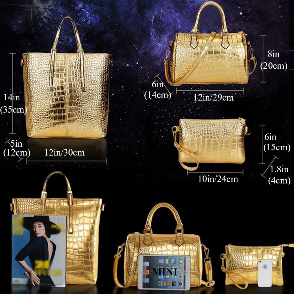 Downupdown Women Handbags and Purses Set Crocodile Pattern Tote Bags Top Handle Handbags Wristlets Wallet Shoulder Bag Satchel 3 Pcs with Shoulder Strap-Gold