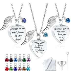 3 pieces heart cremation urn necklace for ashes memorial keepsake pendant with angel wing birthstone stainless steel remembrance jewelry -your wings were ready but my heart was not