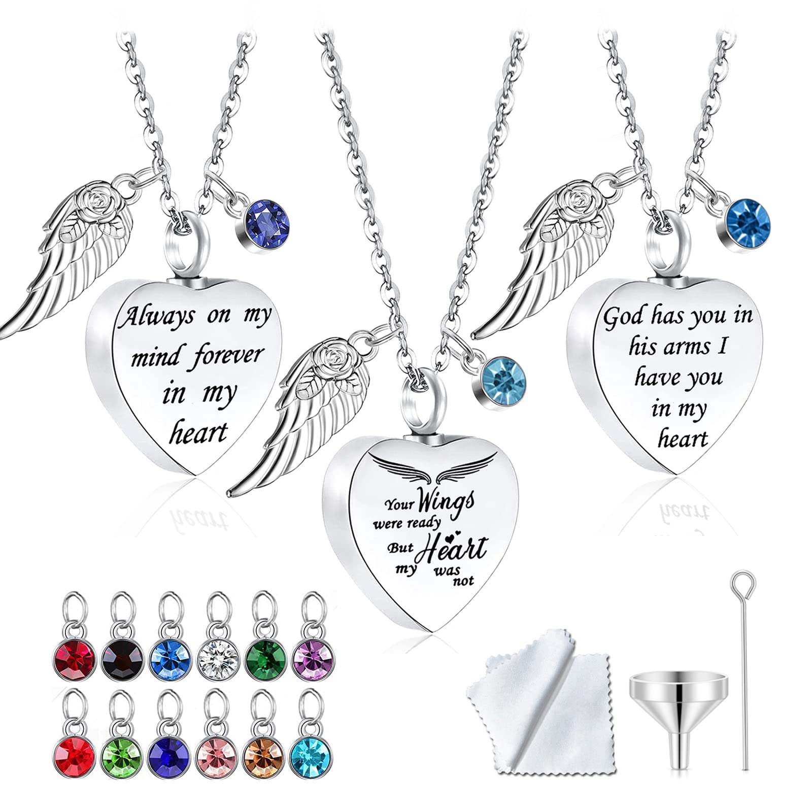 3 pieces Heart Cremation Urn Necklace for Ashes Memorial Keepsake Pendant with Angel Wing Birthstone Stainless Steel Remembrance Jewelry -Your wings were ready But my heart was not