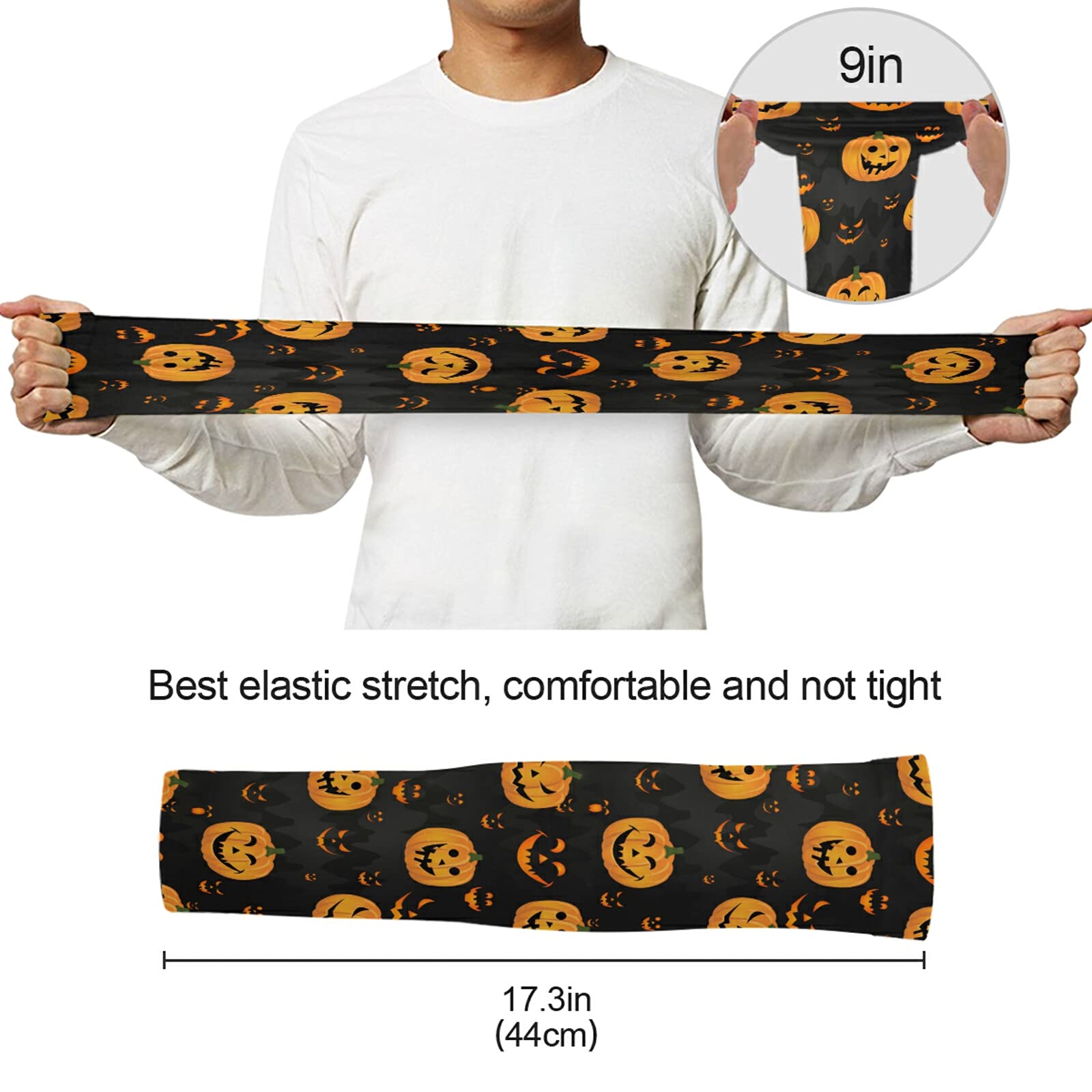 xigua Halloween Pumpkin Cooling Arm Sleeves UV Sun Protection Arms Cover with Thumb Hole for Sport Men Women Driving Cycling Golf Fishing