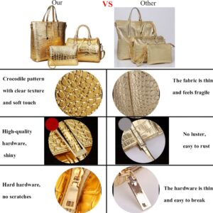 Downupdown Women Handbags and Purses Set Crocodile Pattern Tote Bags Top Handle Handbags Wristlets Wallet Shoulder Bag Satchel 3 Pcs with Shoulder Strap-Gold