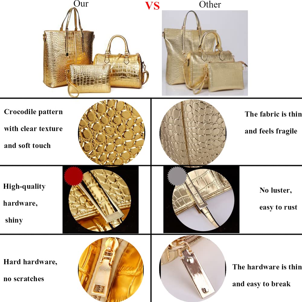 Downupdown Women Handbags and Purses Set Crocodile Pattern Tote Bags Top Handle Handbags Wristlets Wallet Shoulder Bag Satchel 3 Pcs with Shoulder Strap-Gold