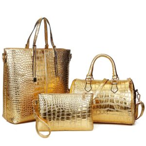 downupdown women handbags and purses set crocodile pattern tote bags top handle handbags wristlets wallet shoulder bag satchel 3 pcs with shoulder strap-gold