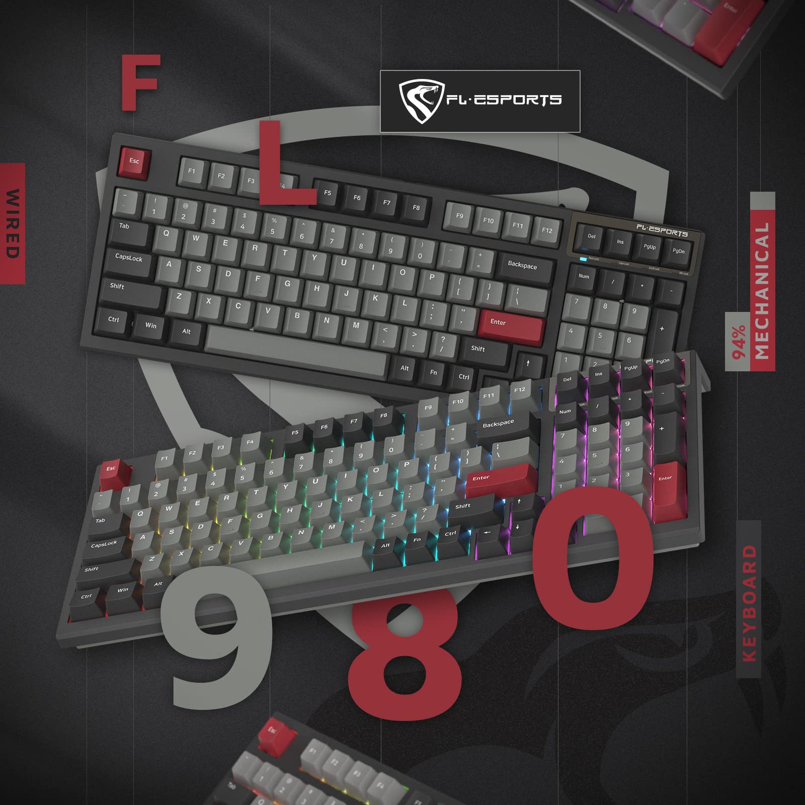 FL ESPORTS FL980 96% 1800 Layout Wired Mechanical Keyboard with Number Pad, 98 Keys RGB Hot Swappable Programmable Keyboard w/Light Tactile Kailh Box White Switches, Durable PBT Keycaps, (Dolch)