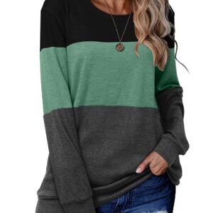 CRAZY GRID Women Casual Tops Loose Color Block Comfy Long Sleeve T Shirt Pullover Sweatshirts Black Green Small