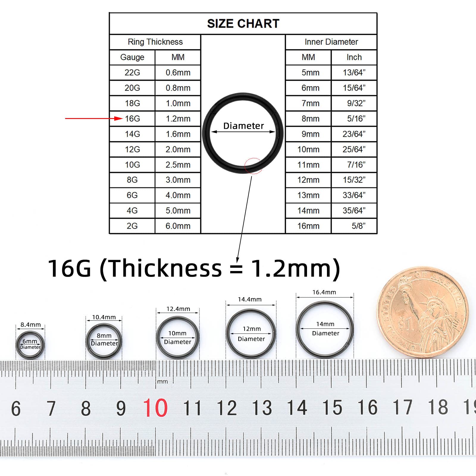 RocJMWJ 316l Surgical Steel Hinged Nose Rings Hoop 20G 18G 16G 14G, Diameter 6mm to 14mm, Stainless Steel, no gemstone,