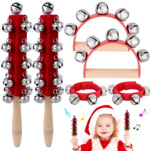 6 pcs christmas handle jingle bells wooden handheld sleigh bells wrist band jingle bells tambourine handbell jingle shaker bells with wooden grip for handheld bells music enlightenment (3 styles)