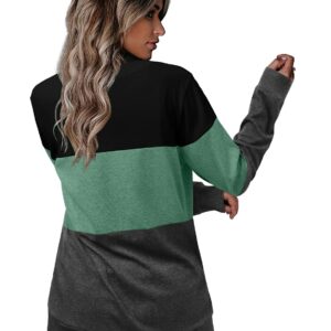 CRAZY GRID Women Casual Tops Loose Color Block Comfy Long Sleeve T Shirt Pullover Sweatshirts Black Green Small