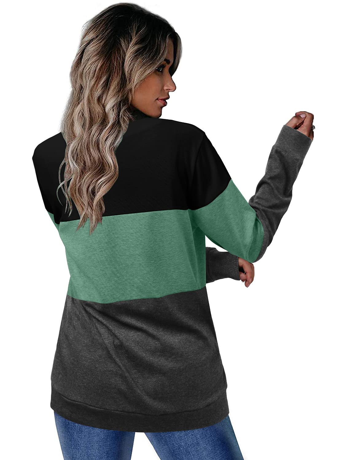 CRAZY GRID Women Casual Tops Loose Color Block Comfy Long Sleeve T Shirt Pullover Sweatshirts Black Green Small