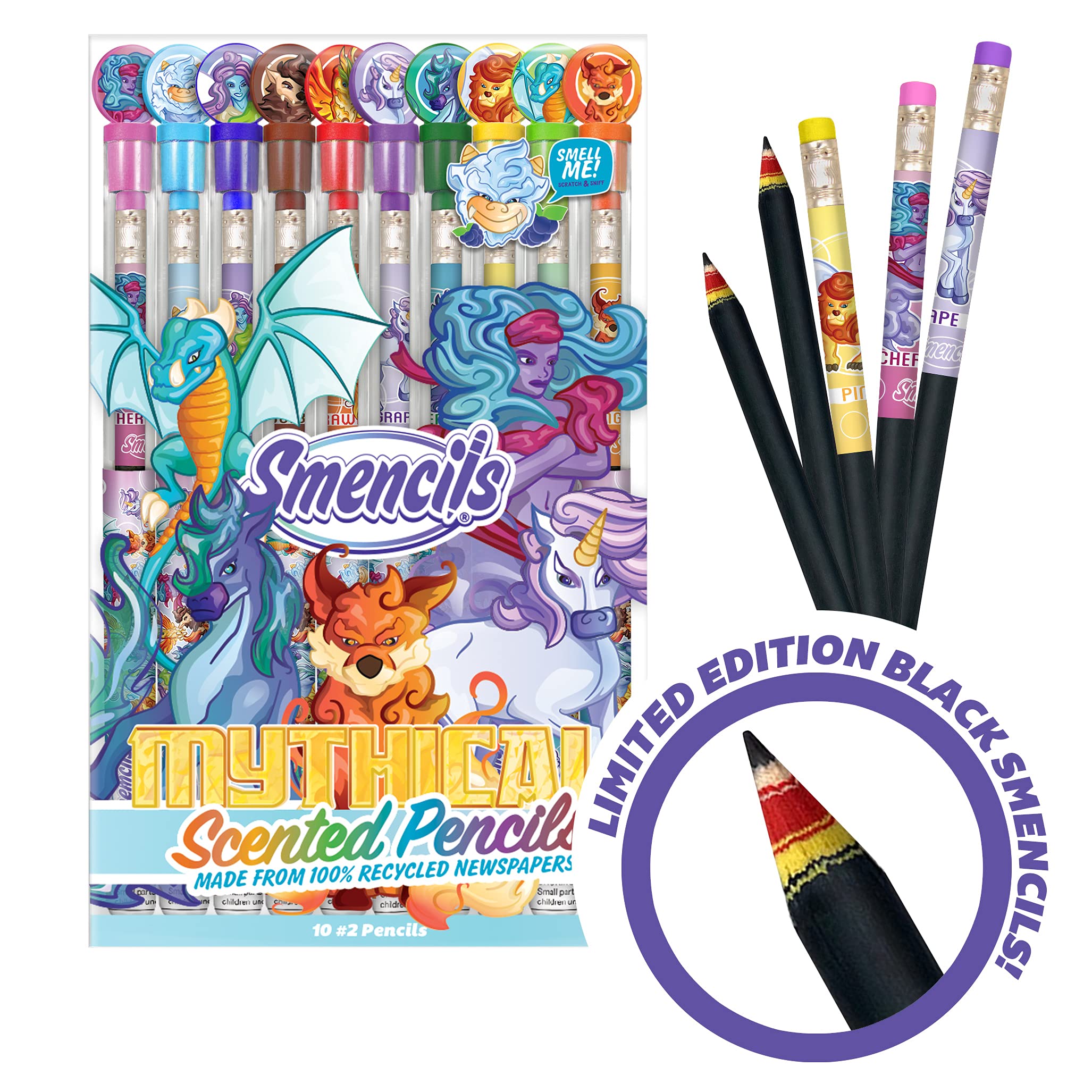 Mythical Smencils - Limited Edition - Patented Gourmet Scented Pencils (Graphite HB #2) with new Black Finish and Multi-layered Paper Construction, 10 Count - Gifts for Kids, Classroom Rewards