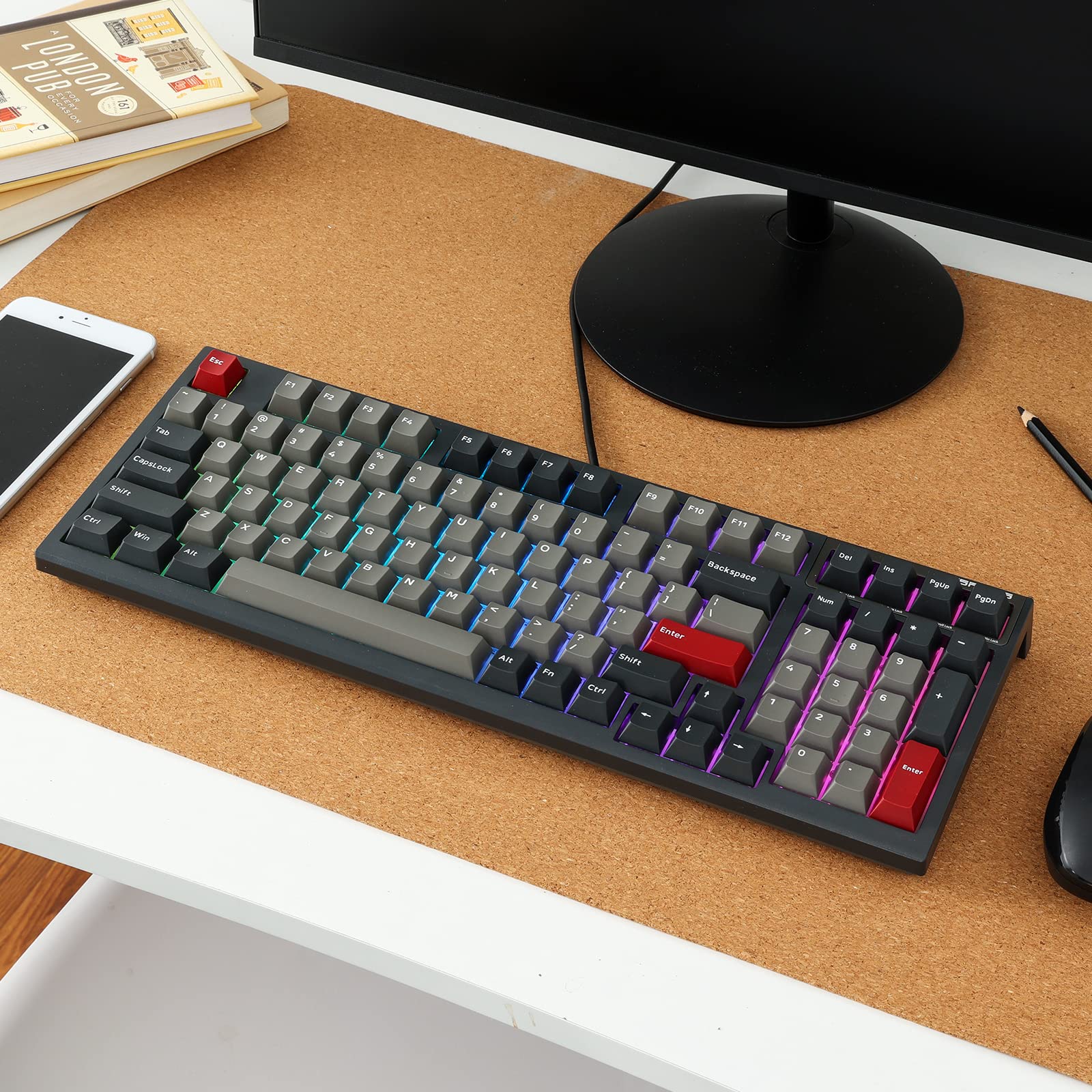 FL ESPORTS FL980 96% 1800 Layout Wired Mechanical Keyboard with Number Pad, 98 Keys RGB Hot Swappable Programmable Keyboard w/Light Tactile Kailh Box White Switches, Durable PBT Keycaps, (Dolch)