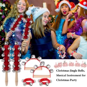 6 PCS Christmas Handle Jingle Bells Wooden Handheld Sleigh Bells Wrist Band Jingle Bells Tambourine Handbell Jingle Shaker Bells with Wooden Grip for Handheld Bells Music Enlightenment (3 Styles)