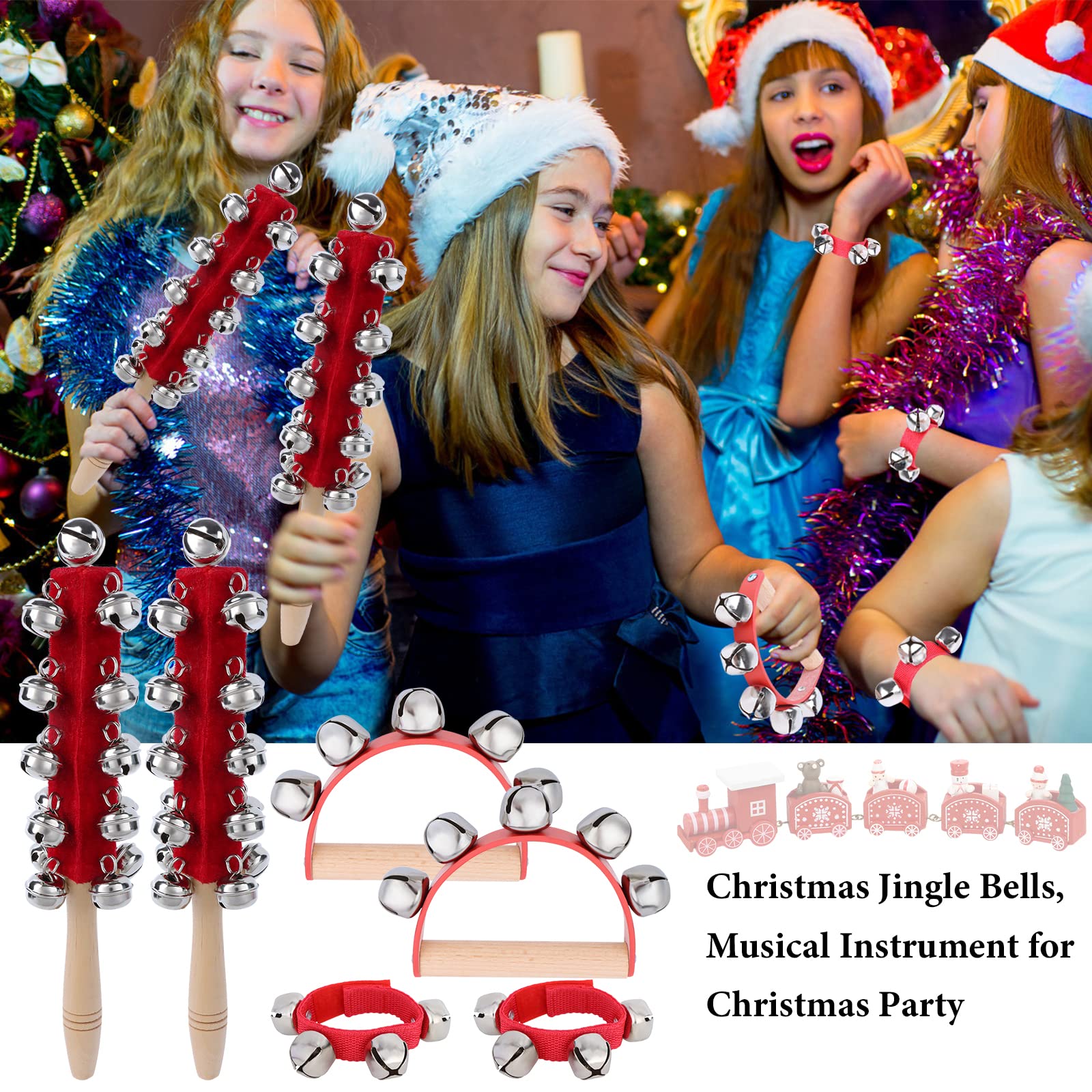 6 PCS Christmas Handle Jingle Bells Wooden Handheld Sleigh Bells Wrist Band Jingle Bells Tambourine Handbell Jingle Shaker Bells with Wooden Grip for Handheld Bells Music Enlightenment (3 Styles)