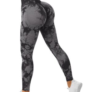 RXRXCOCO Womens Seamless Butt Lifting Leggings High Waisted Yoga Pants Tummy Control Workout Leggings Compression Tights Black Tie Dye Medium