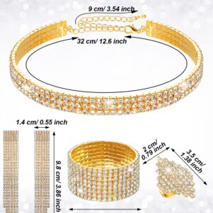 Hicarer 3 Pieces Women Rhinestone Jewelry Set Rhinestone Choker Stretch Bracelet Bangle Crystal Rhinestone Necklace Ring Dangle Fringe Earrings for Wedding Bridal Birthday Party Accessories