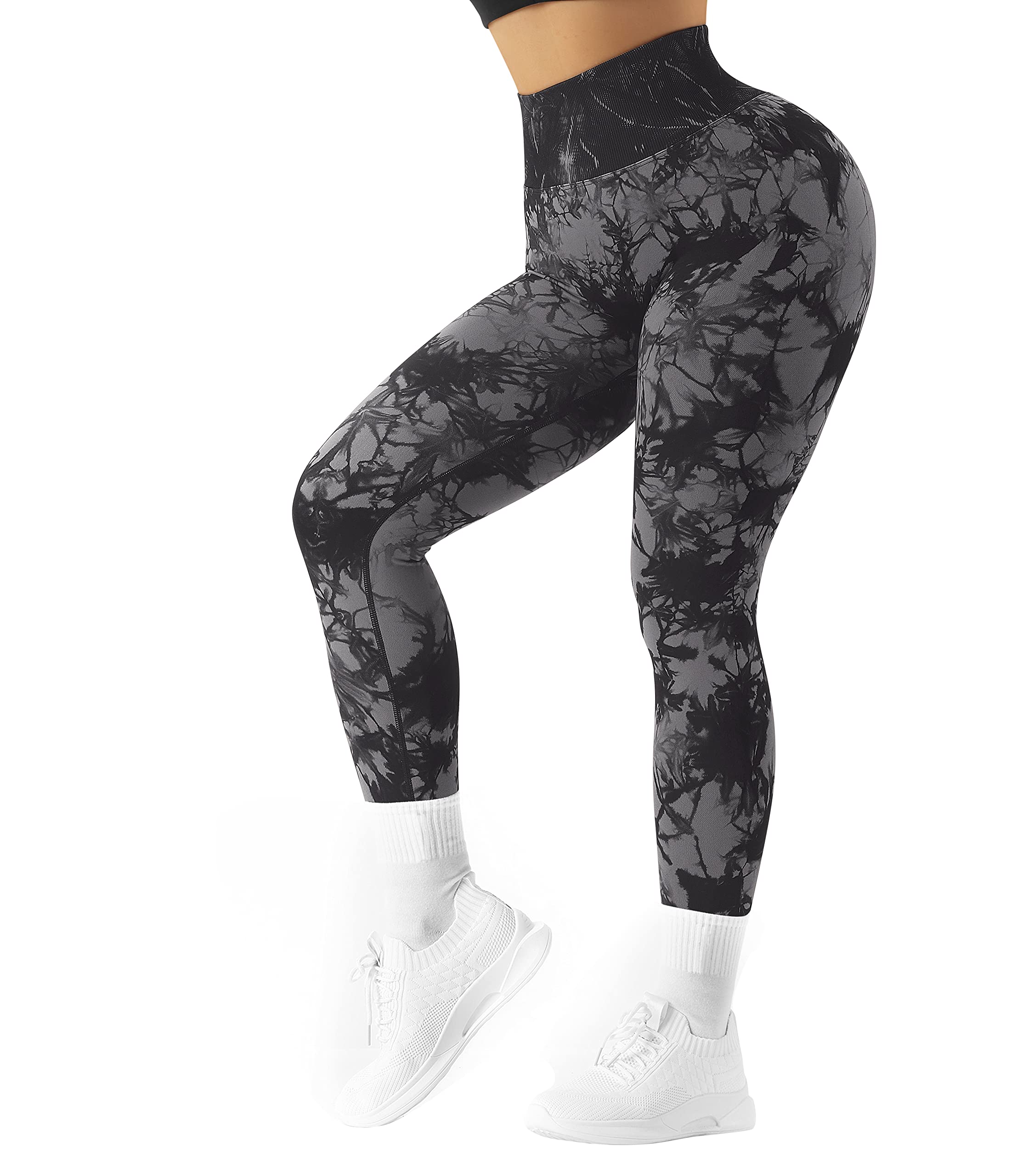 RXRXCOCO Womens Seamless Butt Lifting Leggings High Waisted Yoga Pants Tummy Control Workout Leggings Compression Tights Black Tie Dye Medium