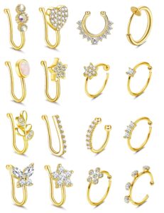 dolotta 16pcs nose cuff fake nose ring hoop clip on nose ring cubic zirconia fake septum nose ring cartilage tragus ring nose cuff non piercing for women men gold