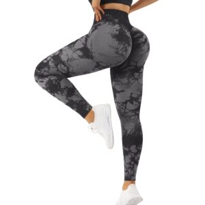 RXRXCOCO Womens Seamless Butt Lifting Leggings High Waisted Yoga Pants Tummy Control Workout Leggings Compression Tights Black Tie Dye Medium