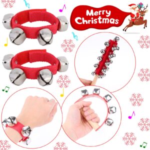 6 PCS Christmas Handle Jingle Bells Wooden Handheld Sleigh Bells Wrist Band Jingle Bells Tambourine Handbell Jingle Shaker Bells with Wooden Grip for Handheld Bells Music Enlightenment (3 Styles)