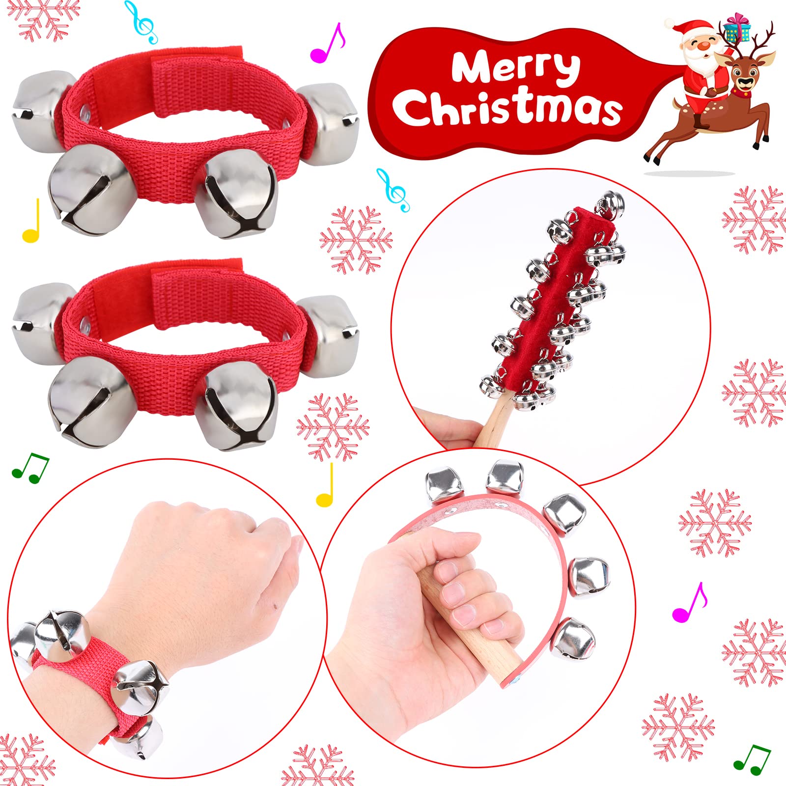 6 PCS Christmas Handle Jingle Bells Wooden Handheld Sleigh Bells Wrist Band Jingle Bells Tambourine Handbell Jingle Shaker Bells with Wooden Grip for Handheld Bells Music Enlightenment (3 Styles)