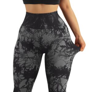 RXRXCOCO Womens Seamless Butt Lifting Leggings High Waisted Yoga Pants Tummy Control Workout Leggings Compression Tights Black Tie Dye Medium