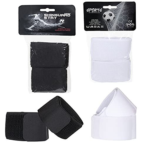 Shin Guard Straps, 4 PCS, Youth Soccer Shin Guard Stays, Elastic Shin Straps Soccer for Kicking Ball, Running, Cycling, Adjustable, Black and White Color in Package