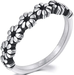 jude jewelers retro vintage stainless steel stackable flower style wedding band ring (silver, 13)